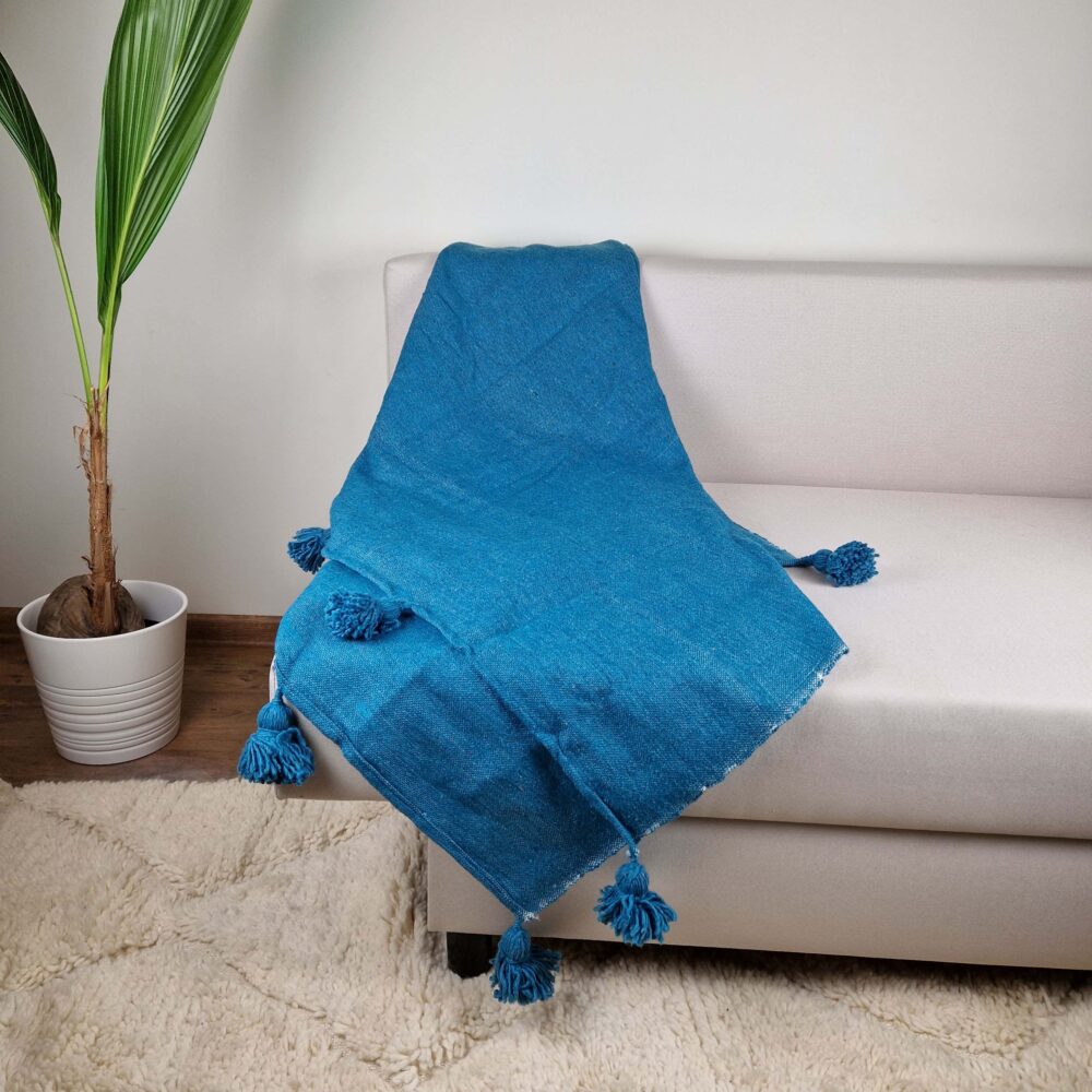 Handmade Moroccan Blanket with pom poms - Moroccan Mosaic